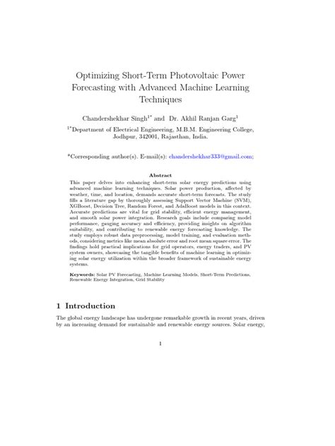Optimizing Short Term Photovoltaic Power Forecasting With Advanced