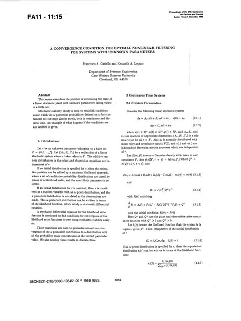 13 A Convergence Condition For Optimal Nonlinear Filtering For Systems With Unknown Parameters