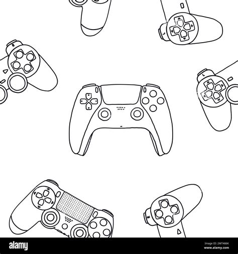 Seamless Pattern Of Game Controllers Vector Illustration In Hand Drawn Outline Flat Style On