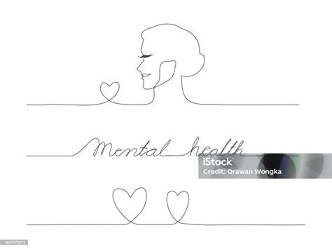하트 기호와 정신 건강 손 글자 선화 벡터 일러스트레이션을 가진 사람의 연속 라인 아트 Mental Wellbeing에 대한