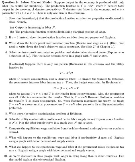 Solved Question 9 Labor Market Model Suppose Output In The Economy Is