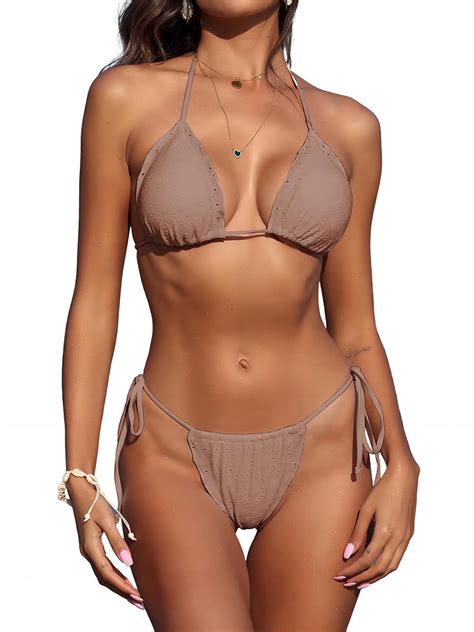 Frilled Hollow Out Halter Bikini Welooc