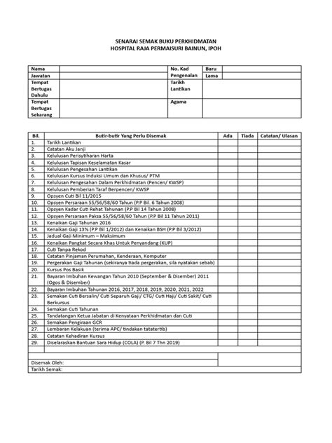 Senarai Semak Buku Perkhidmatan Pdf