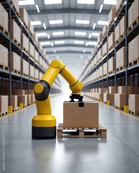 Automated Robotic Arm Managing Cardboard Boxes In A Large Scale Warehouse Filled With Organized