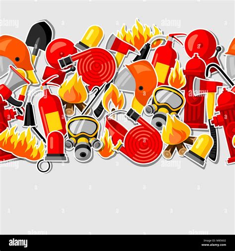 Seamless Pattern With Firefighting Stickers Fire Protection Equipment
