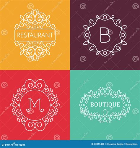 Ornament Monogram Mono Line Floral Frame Set Stock Vector