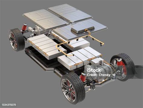 회색 배경에 배터리 팩이 장착된 전기 자동차 섀시 의 폭발보기 전기 자동차 대체 연료 차량에 대한 스톡 사진 및 기타 이미지 전기 자동차 대체 연료 차량 배터리 전원