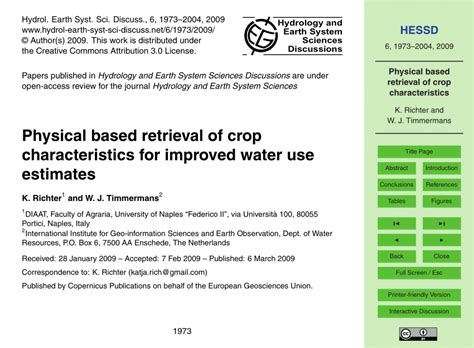 Pdf Physical Based Retrieval Of Crop Characteristics For Improved Water Use Estimates