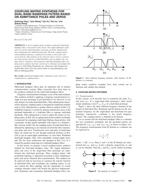 PDF Coupling Matrix Synthesis For Dual Band Bandpass Filters Based On Admittance Poles And Zeros