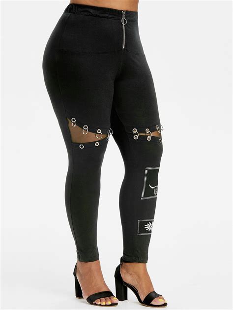 Gothic Style Zip Front Grommet O Ring Printed Plus Size Leggings 30