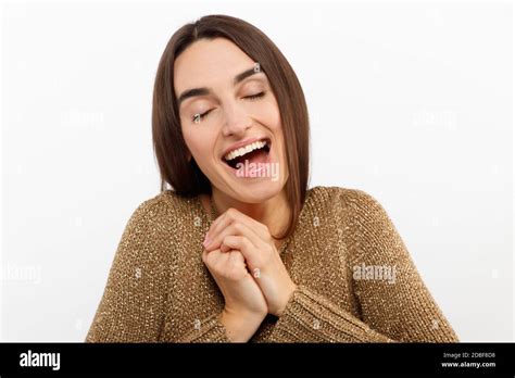 Cheerful Happy Young Beautiful Girl Looking At Camera Smiling Laughing