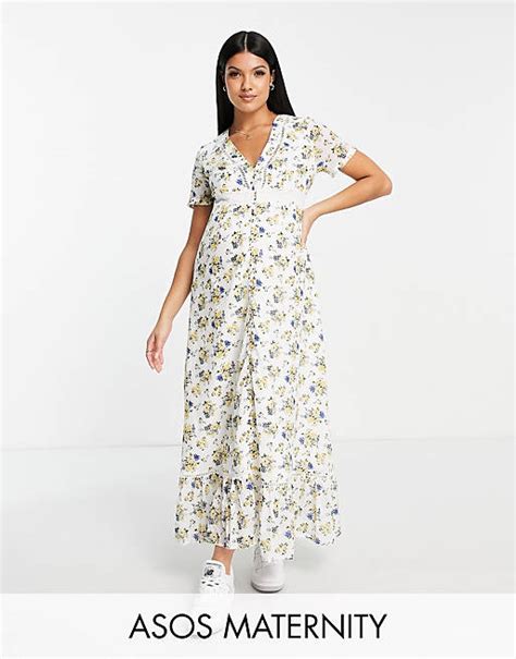 Asos Design Maternity Lace Insert Button Through Maxi Tea Dress In