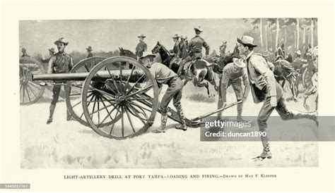 United States Army Light Artillery Loading Firing Cannon Drill At Port