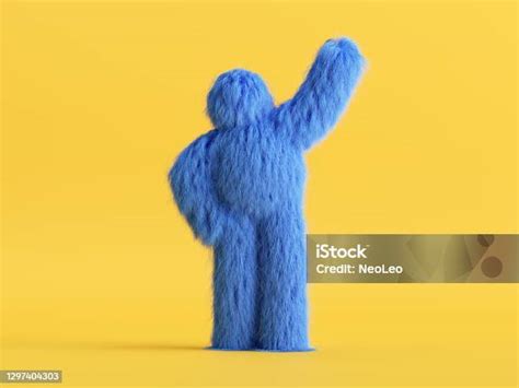 3d 렌더링 파란색 털이 예티 노란색 배경에 고립 된 만화 캐릭터 솜털 괴물 장난감 서 포즈 화려한 모피 짐승은 손을 들고 서