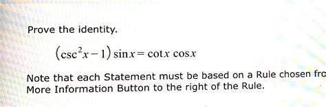 Prove The Identity Csc2x 1 Sinx Cotxcosxnote That