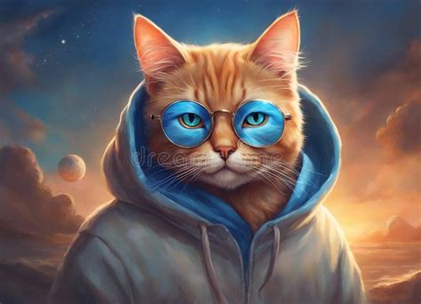 Cat Wearing Glasses Cat In A Blue Hoodie Round Glasses Ginger Cat