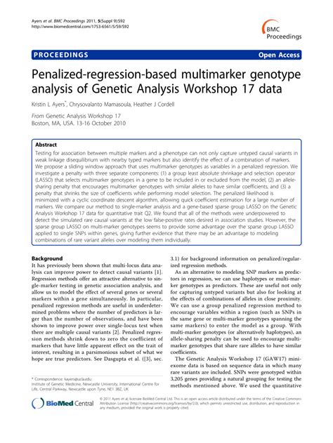 Pdf Penalized Regression Based Multimarker Genotype Analysis Of Genetic Analysis Workshop 17 Data