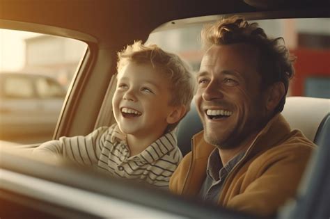 Un Padre Feliz Y Su Hijo En Coche Foto Premium
