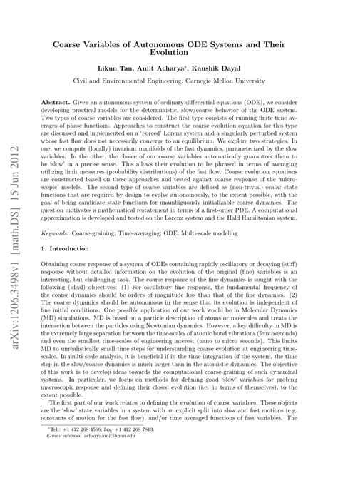 Pdf Coarse Variables Of Autonomous Ode Systems And Their Evolution