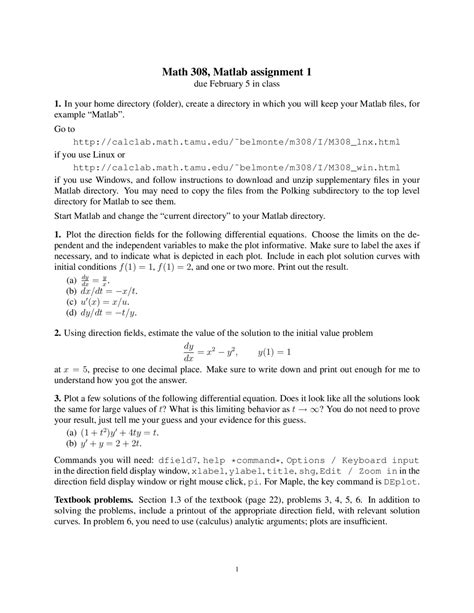 Matlab Assignment 1 For Differential Equations Math 308 Docsity