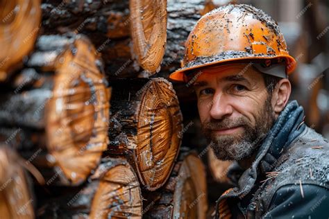 Premium Photo Man Wearing Hard Hat Next To Pile Of Logs