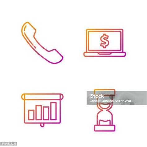 흐르는 모래가 있는 오래된 모래시계 그래프 차트 다이어그램 인포그래픽 파이 그래프 전화 송수화기 및 달러가 있는 노트북이 있는 프레젠테이션 금융 보드를 설정합니다 그라데이션