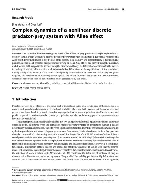 Pdf Complex Dynamics Of A Nonlinear Discrete Predator Prey System With Allee Effect