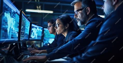 Premium Ai Image Network Security Team In A Cuttingedge Control Room Seeking Potential Cyber