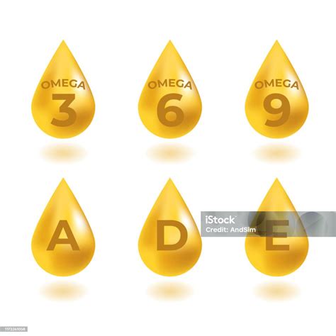 오메가 3 6 9 산과 비타민a D E 방울 골드 아이콘 고도 불포화 지방 영양 스킨 케어 디자인과 뷰티 트리트먼트 벡터 그림입니다 오메가 3에 대한 스톡 벡터 아트 및