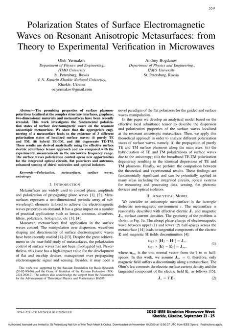 Pdf Polarization States Of Surface Electromagnetic Waves On Resonant Anisotropic Metasurfaces