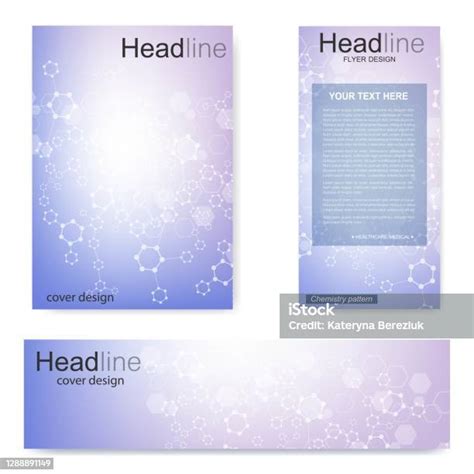 전단지 브로셔 크기 A4 템플릿 배너를 설정합니다 연결된 선과 점이 있는 분자 구조 잡지 전단지 커버 포스터 디자인에 대한 요소가있는 과학 패턴 원자 Dna Dna에 대한