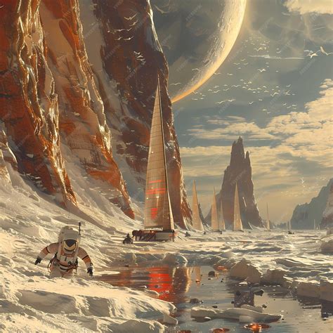 Premium Photo Futuristic Space Exploration With Astronaut And Sailboats On Alien Planet