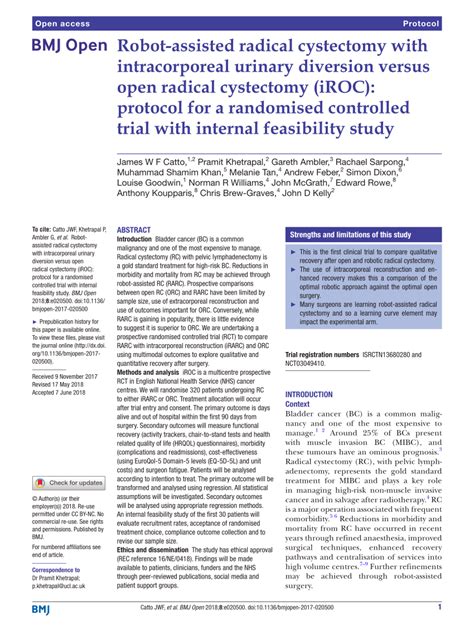 Pdf Robot Assisted Radical Cystectomy With Intracorporeal Urinary Diversion Versus Open