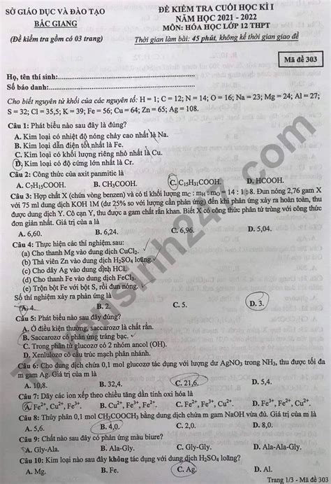 Đề thi học kì 1 Hoá lớp 12 năm 2021 tỉnh Bắc Giang