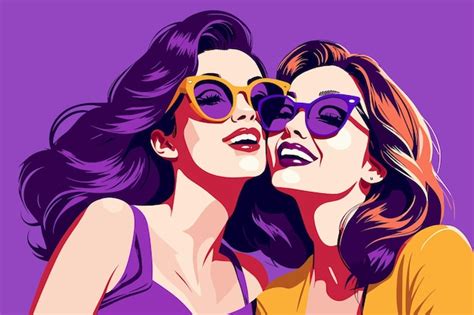 Vibrant Illustration Of Two Happy Women In Sunglasses Premium Ai