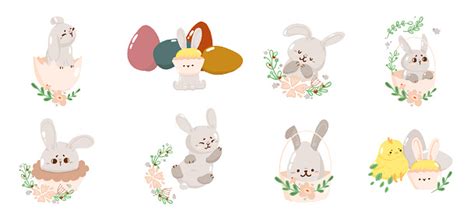 녹색 잎 귀여운 봄 종교 휴일 병아리 토끼 만화 낙서 벡터 일러스트 흰색에 고립 된 개념 토끼 부활절 카드 세트 닭에 대한 스톡