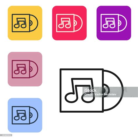 白い背景に分離された黒い線ビニールディスクアイコンカラーの四角いボタンにアイコンを設定しますベクトル Djのベクターアート素材や画像を多数