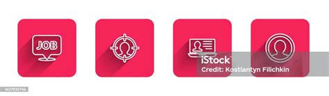 직업 헤드 헌팅 노트북 이력서 및 긴 그림자가 있는 계정 만들기 화면으로 라인 말풍선을 설정합니다 빨간색 사각형 버튼입니다 벡터 개념에 대한 스톡 벡터 아트 및 기타 이미지