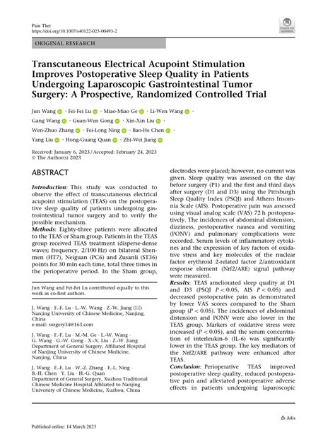 Pdf Transcutaneous Electrical Acupoint Stimulation Improves Postoperative Sleep Quality In