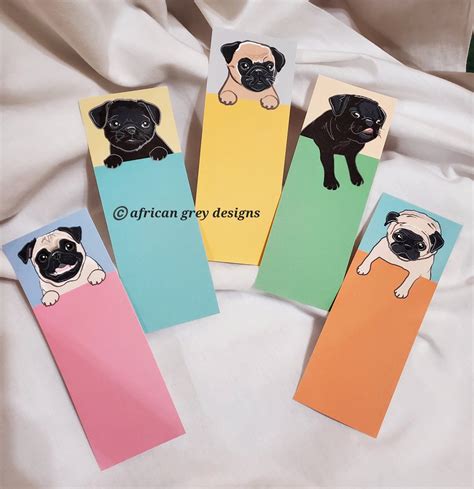 Pug Bookmarks Eco Friendly Set Of 5 Printed On Recycled Linen Paper