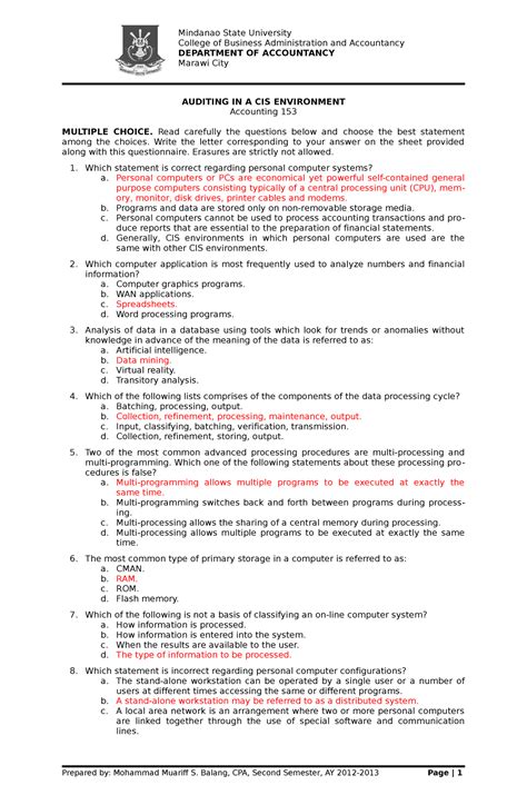 Test Bank CIS Part 1 Test Bank CIS Part 2 Mindanao State University College Of Business