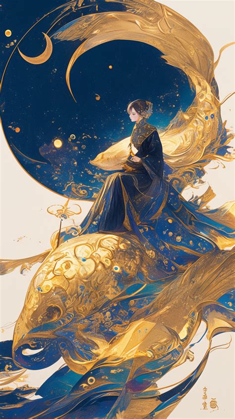 十二星座双鱼座中国古代的女孩面对前面优雅鱼海洋皇家闪光高贵神圣幻想背景线性 豆友oyYM的文本出图