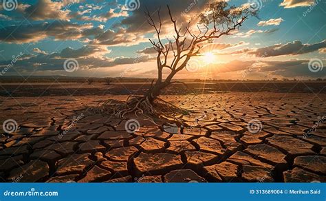 Arid Mud Landscape Broken Tree Sunset Season Ai Generative Stock