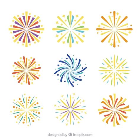 Set de fuegos artificiales en diseño plano para celebración Vector Gratis