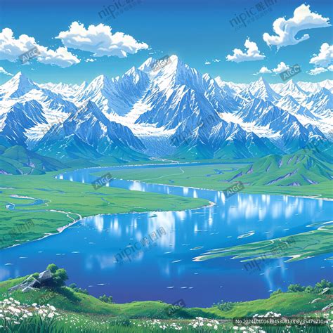 AI创作图山川草地河流 高山草原河流湖泊 雪山河流图 高山河流雪山湖泊 高原湖泊背景图片 山川河流插画 雪山河流草原 蓝天白云雪山湖泊 蓝天