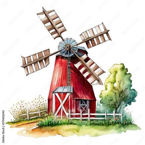 Red Windmill On The Hill Windmill Drawing Old Farm Windmill Png Watercolor Farm Clip Art
