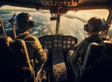 Back View Of Two Military Pilots Inside A Helicopter Cockpit Flying