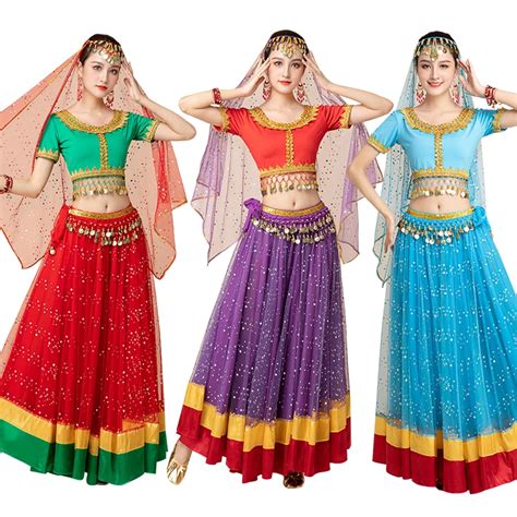 Trajes De Danza Del Vientre Para Mujer Vestido De Bollywood De Baile Indio Conjunto De Disfraces 