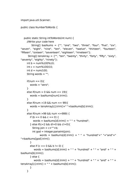 Import Java Java Code Import Javautil Public Class Numbertowords