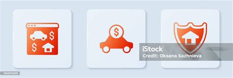 자동차 렌탈 온라인 부동산 및 방패가있는 집을 설정합니다 흰색 정사각형 버튼 벡터 Crash Site에 대한 스톡 벡터 아트 및